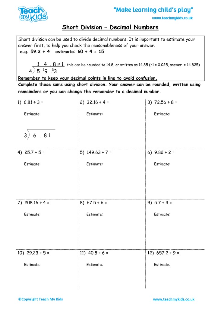  Short Division With Decimals Worksheets Free Download Gambr co