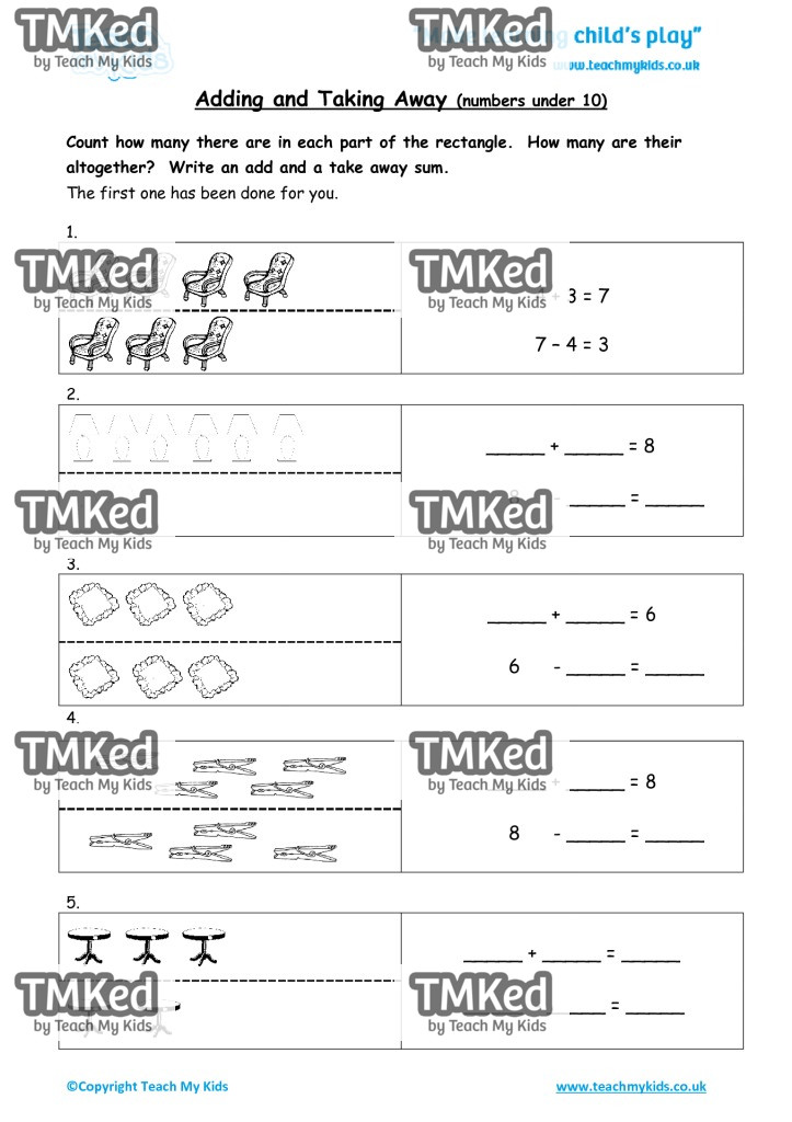 Adding and Taking Away ( numbers under 10) - TMK Education