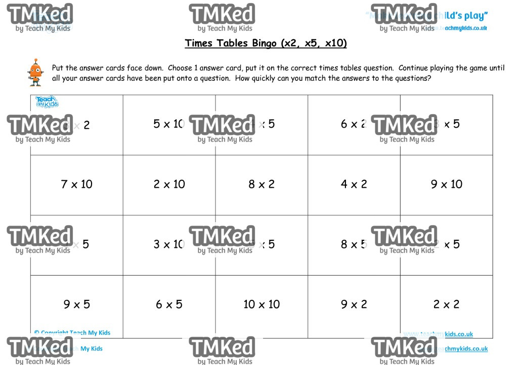 Times Tables Bingo - Hard (x2, x5, x10) - TMK Education