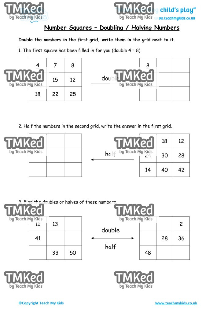 Number Squares - Doubling / Halving Numbers - TMK Education