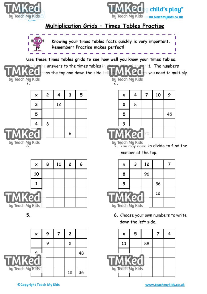 Multiplication Grids - Times Tables Practise - TMK Education