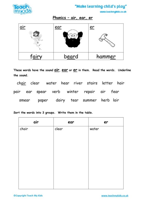 Phonics Air Ear Er Words TMK Education