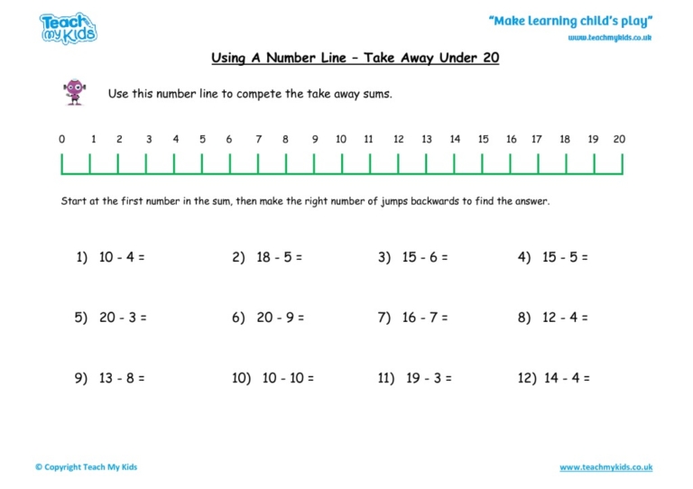 Using a Number Line - Take Away Under 20 - TMK Education