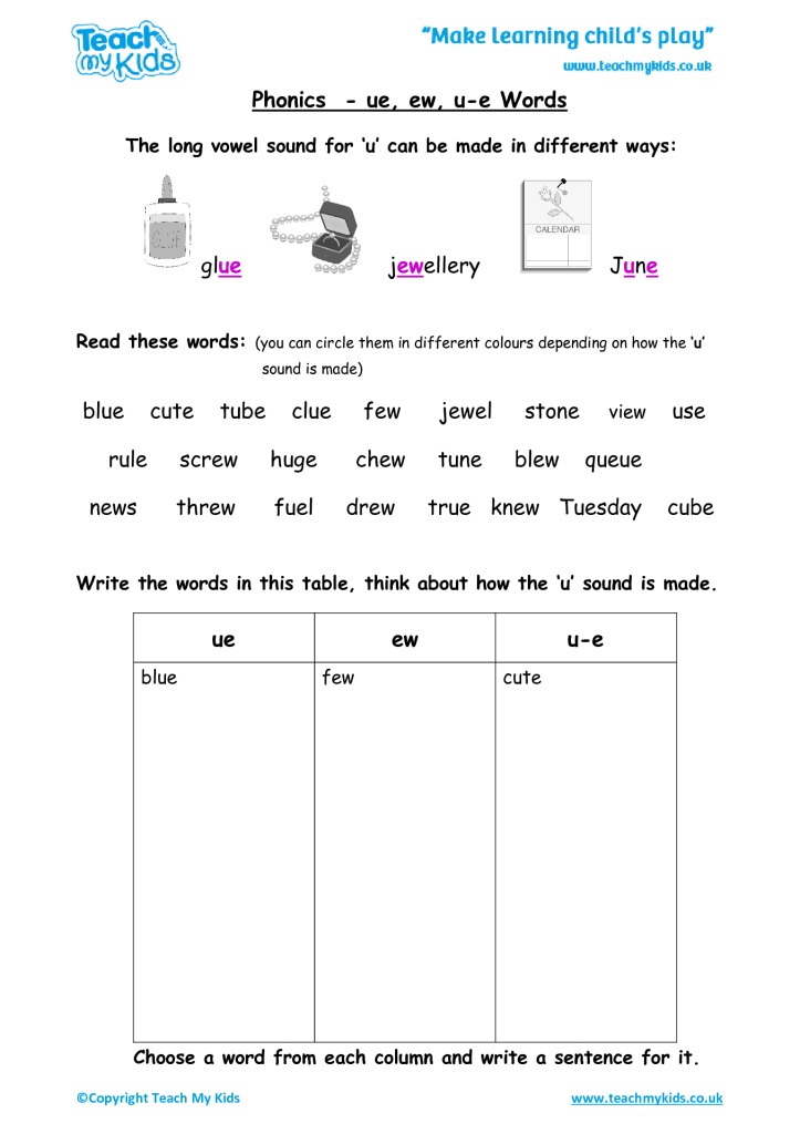 Phonics Ue Ew U e Words TMK Education