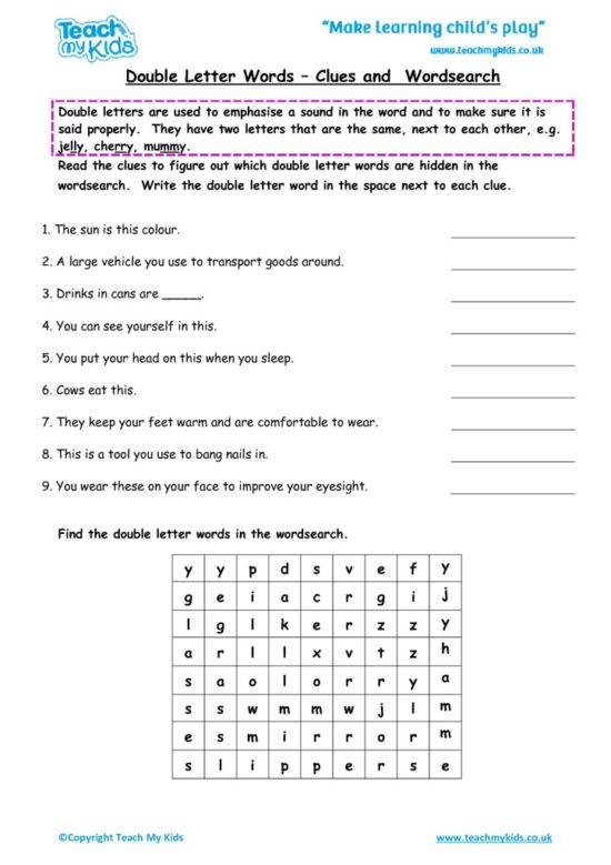 Double Letter Words, Clues and Wordsearch - TMK Education