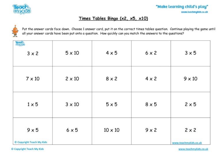 Times Tables Bingo - Hard (x2, x5, x10) - TMK Education