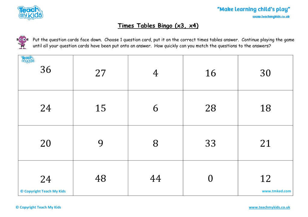 Times Tables Bingo Easy x3 X4 TMK Education Times Tables Bingo Easy x3 X4 TMK Education