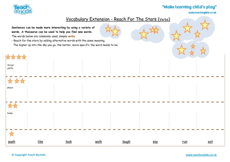 Vocabulary Extension - Reach for the Stars (Verbs) Year 4 - TMK Education