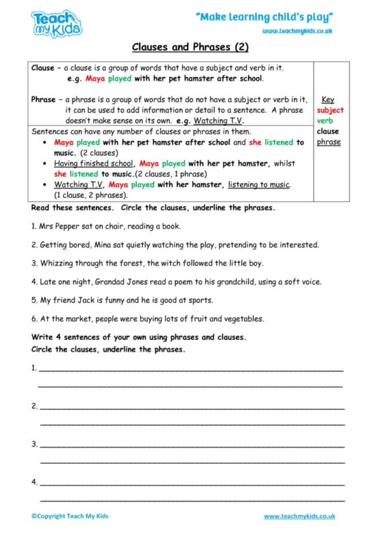 Clauses And Phrases Worksheet For Class 5 Clauses And Phrases Worksheet For Class 5
