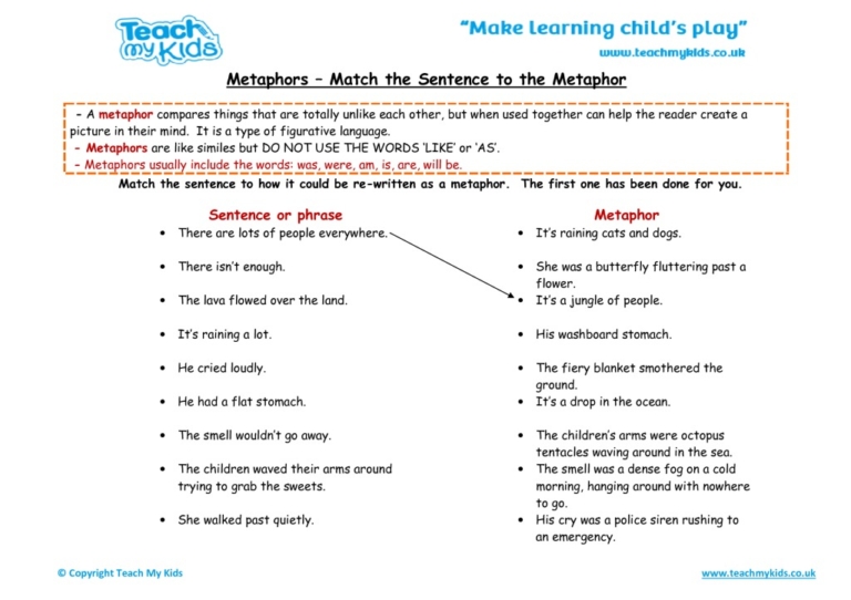 Metaphors Match The Sentence To The Metaphor TMK Education Metaphors Match The Sentence To The Metaphor TMK Education