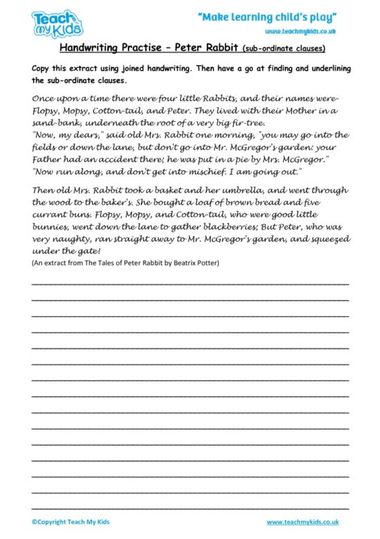 Handwriting Practise – Peter Rabbit (sub-ordinate clauses) - TMK Education